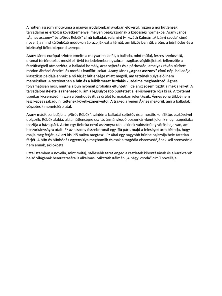 A Hűtlen Asszony Motívuma A Magyar Irodalomban | PDF