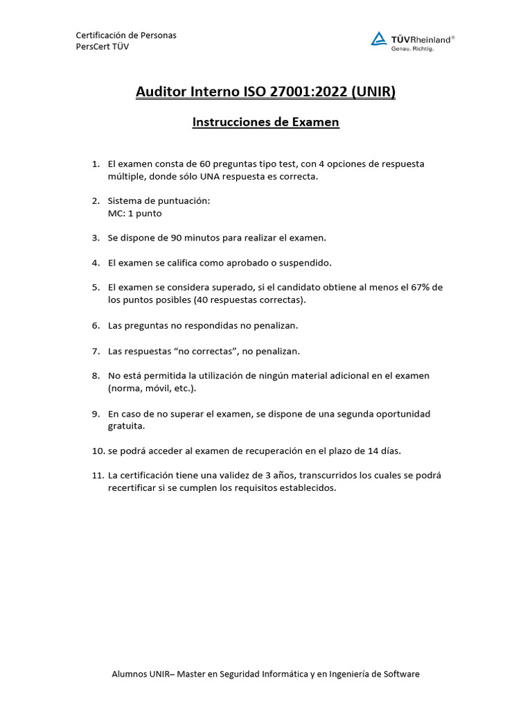 Instrucciones Examen - Auditor Interno ISO 27001 - 2022 (UNIR) - TÜV Rheinland | PDF