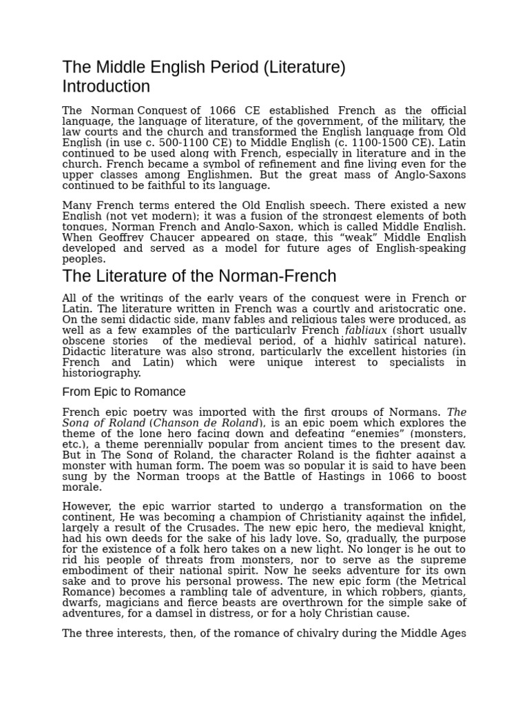 The Middle English Period Literature | PDF | King Arthur | Chivalric ...