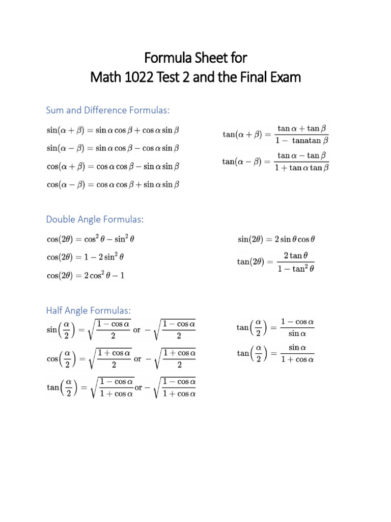 Math 1022 Formula Sheet for LSU Online | PDF