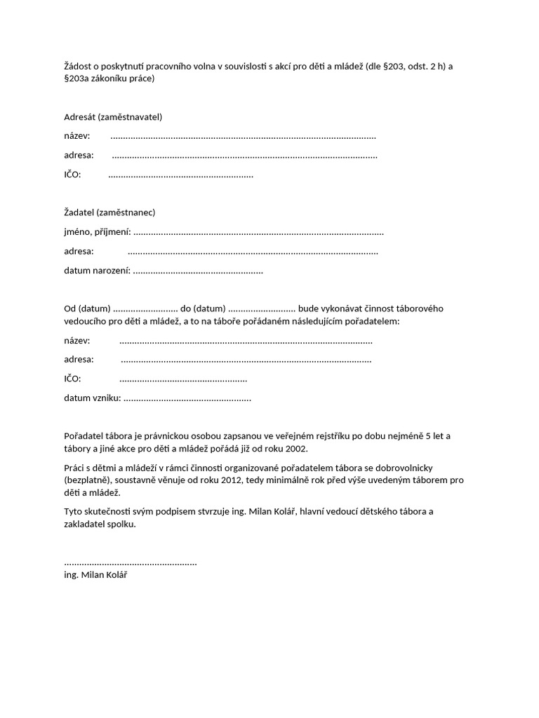 Žádost o Poskytnutí Pracovního Volna V Souvislosti S Akcí Pro Děti A ...