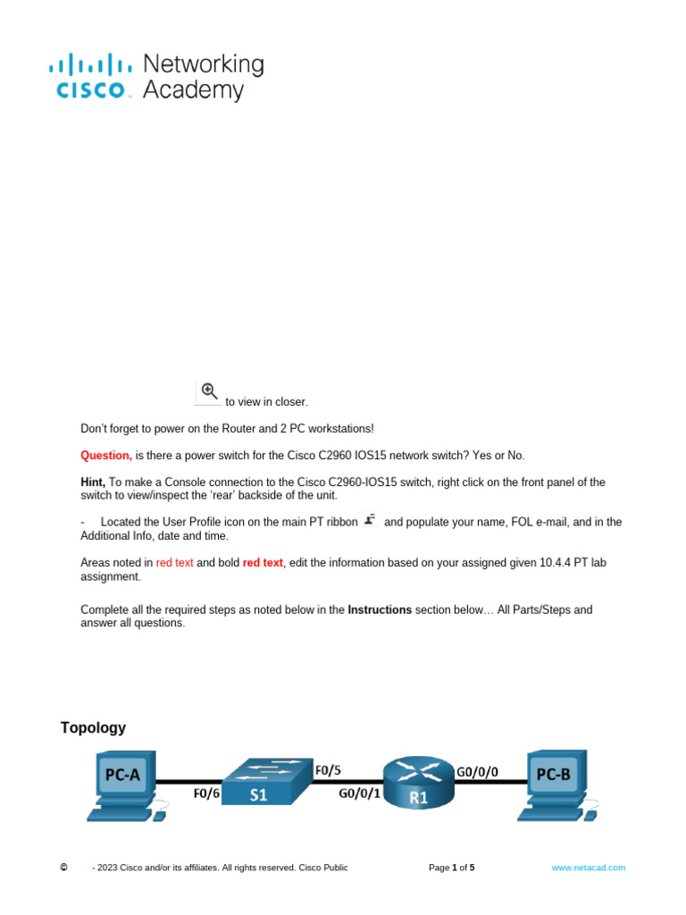 10.4.4 Packet Tracer - Build A Switch and Router Network - Physical Mode - Info-1219 Rev1 | PDF ...