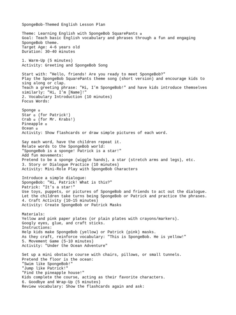 SpongeBob lesson for boys | PDF