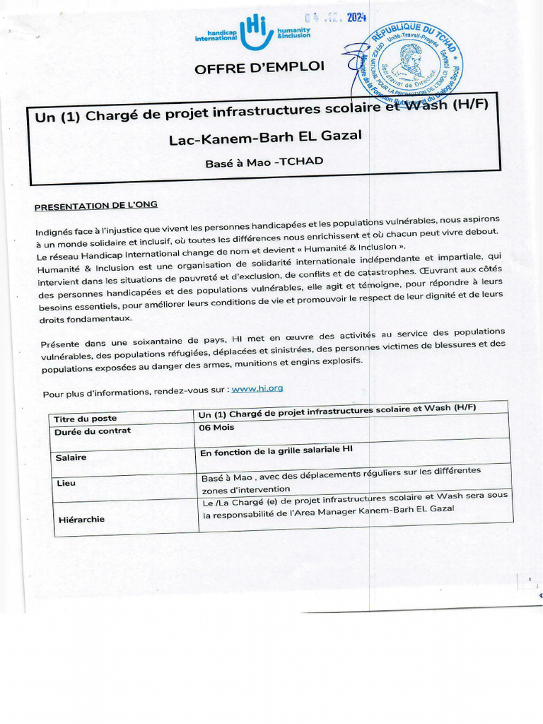 Offre D'emploi Charge de Projet Infrastructures Scolaires Et Wash Lac Kanem Barh El Gazal - 0001 ...