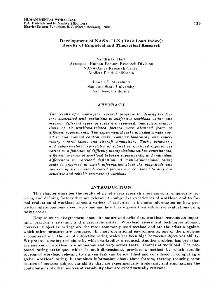 1988 - Hart - ING - NASA TLX Artigo Original | PDF | Experiência ...