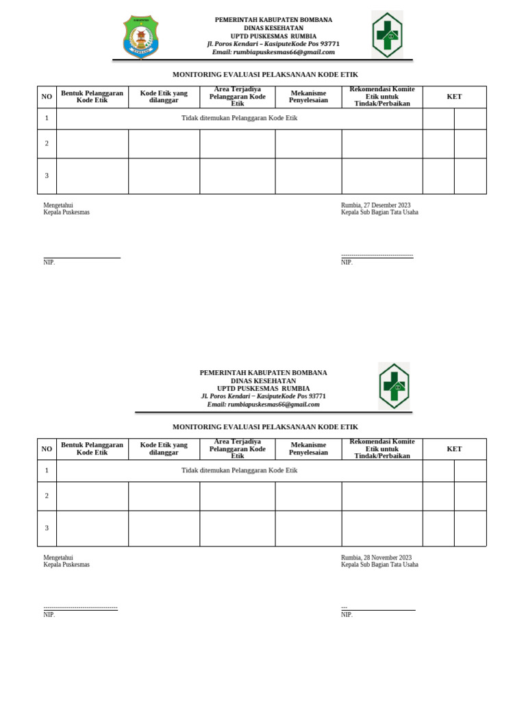 Form Monev Pelaksanaan Kode Etik Upload | PDF
