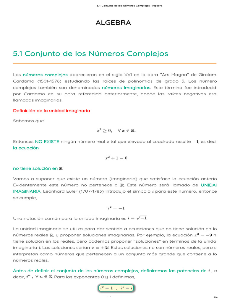 5.1 Conjunto de Los Números Complejos - Algebra (COMPLEJOS 1) | PDF | Números | Número complejo