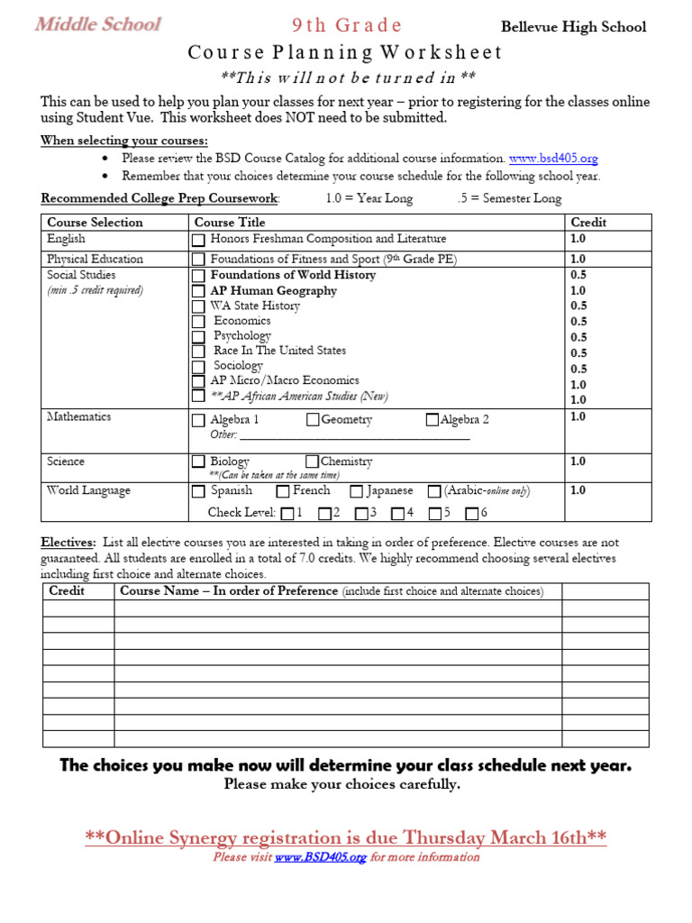 9th Grade Course Planning Guide | PDF | Educational Stages
