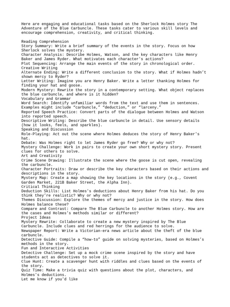 Sherlock Holmes Blue Diamond Tasks Ideas | PDF | Sherlock Holmes | Dr ...