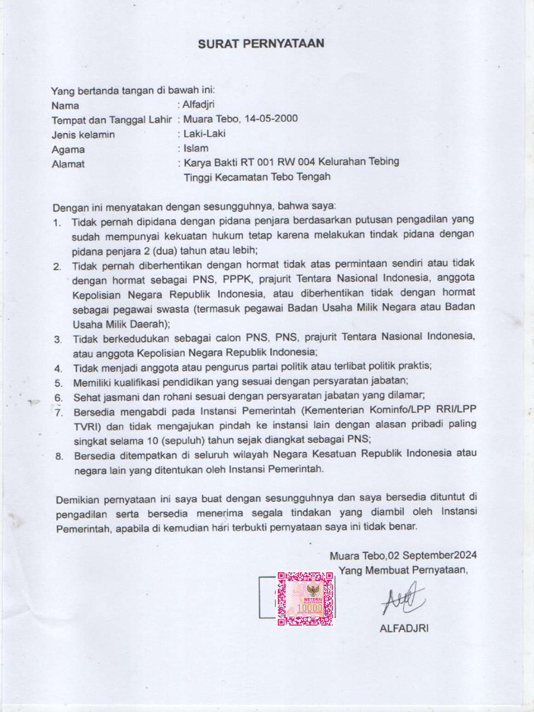 Surat Pernytaan 1065355 | PDF