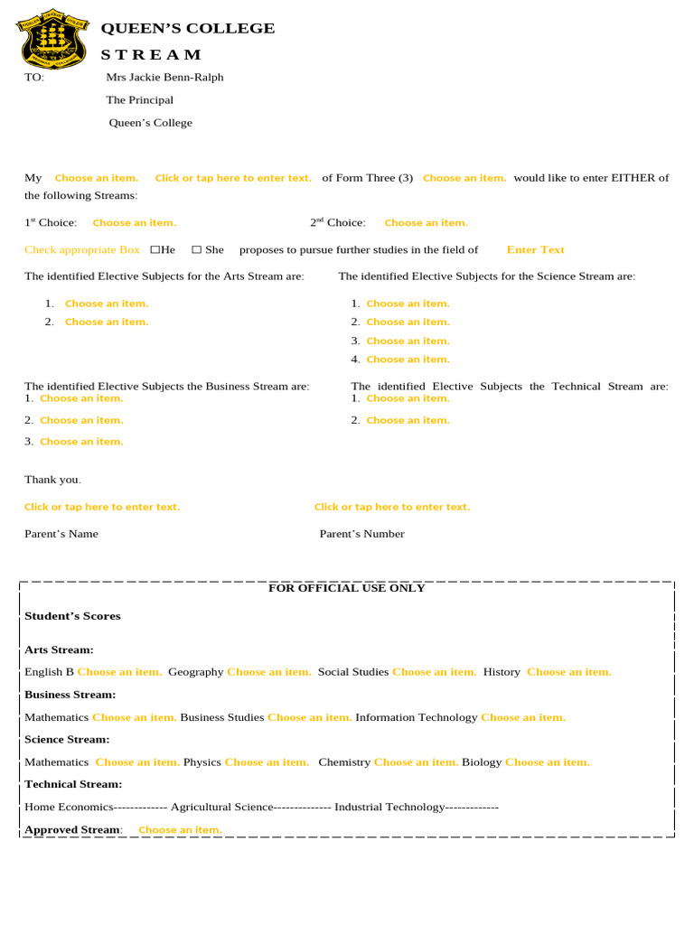 Queen's College-Streaming Form 2020 | PDF