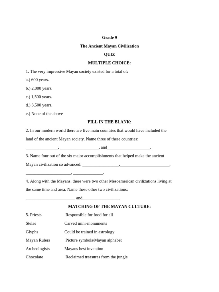 Saint Stanislaus College grade 9 history quiz | PDF | Maya Civilization ...