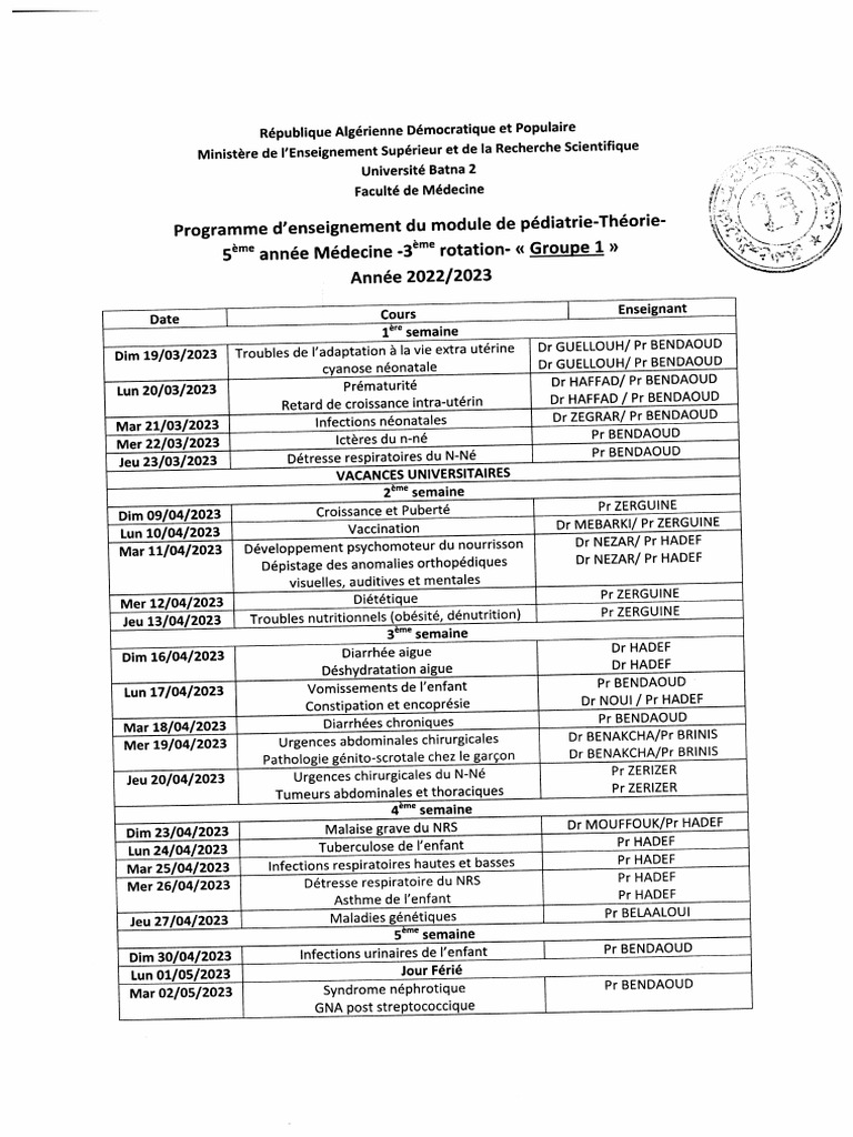 Pgm d Enseignement Du Module de Pediatrie g01-g02 | PDF