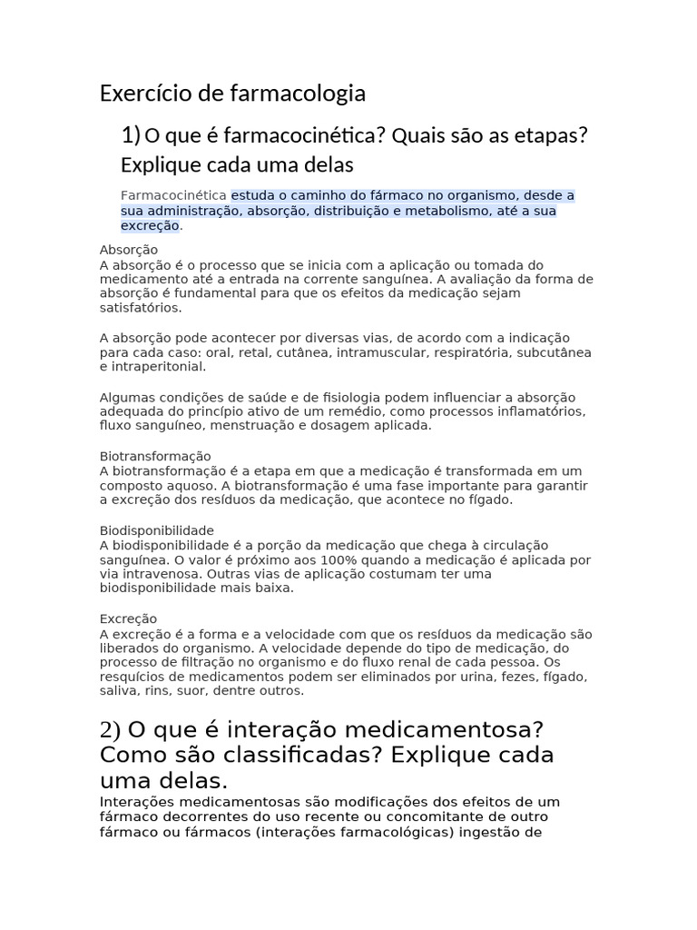 Exercício de Farmacologia | PDF | Farmacocinética | Farmacologia
