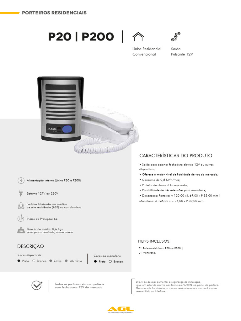 Manual do Porteiro AGL P20/P200 | PDF
