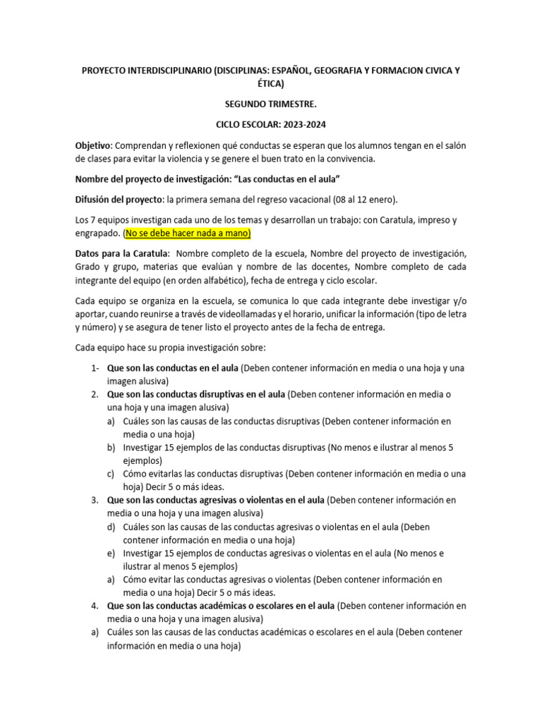 Proyecto Segundo Trimestre 1er Año 2023-2024 | PDF