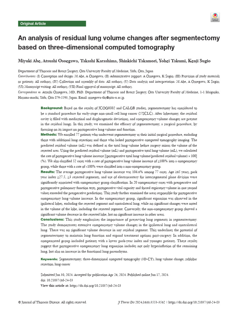 An analysis of residual lung volume changes after segmentectomy based on three-dimensional ...