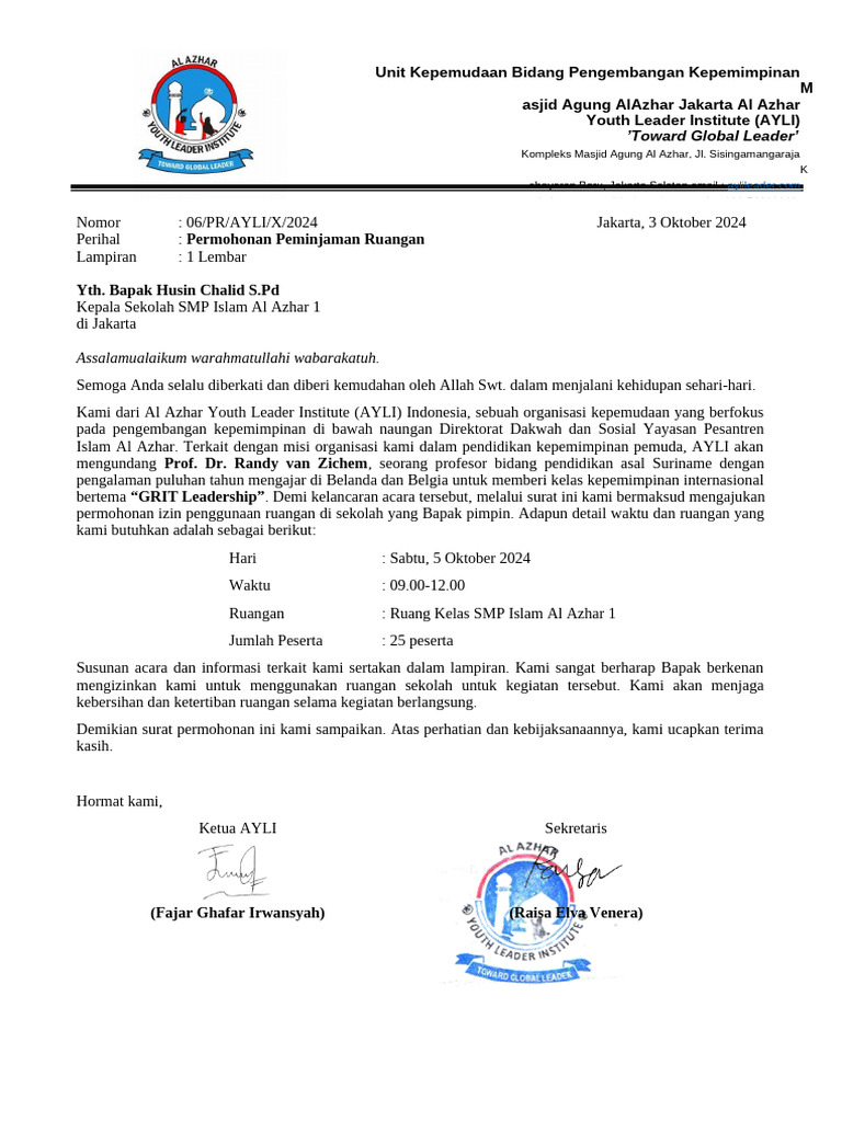 Permohonan Ruang Kelas AYLI | PDF