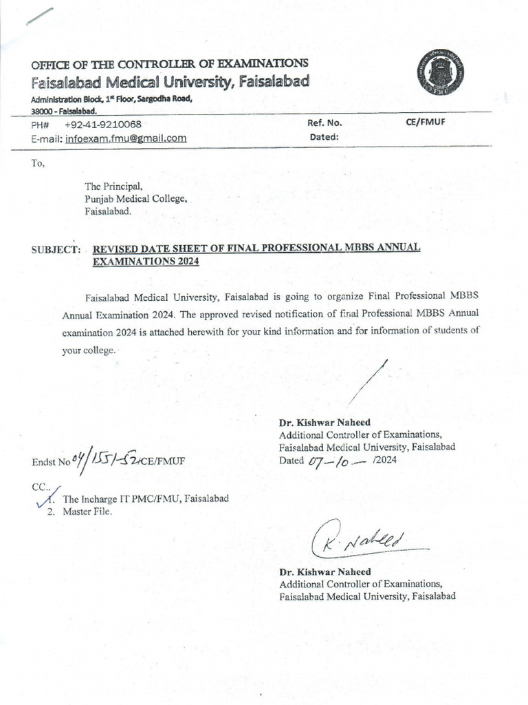 Revised Date Sheet of Final Year MBBS 2024 | PDF