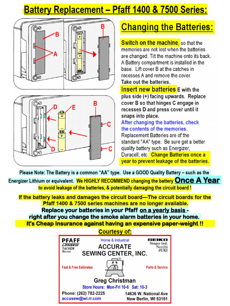 Battery Replacement - Pfaff 1400 & 7500 Series | PDF