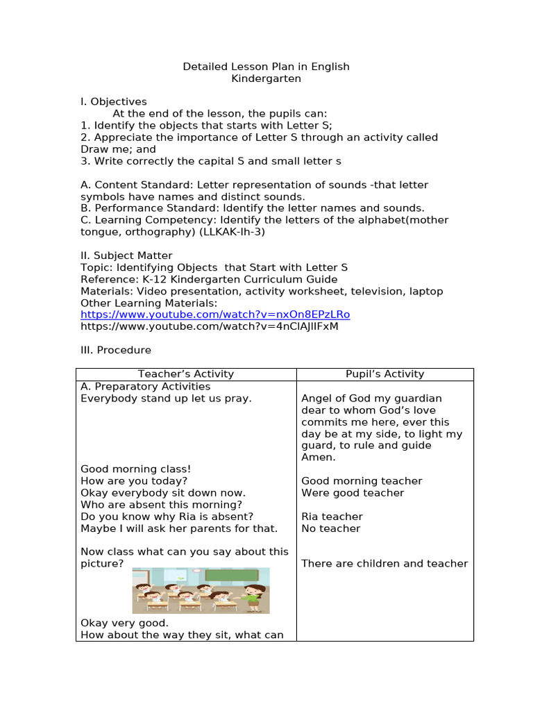 Kindergarten Lesson Plan: Letter S | PDF | Teachers | Lesson Plan