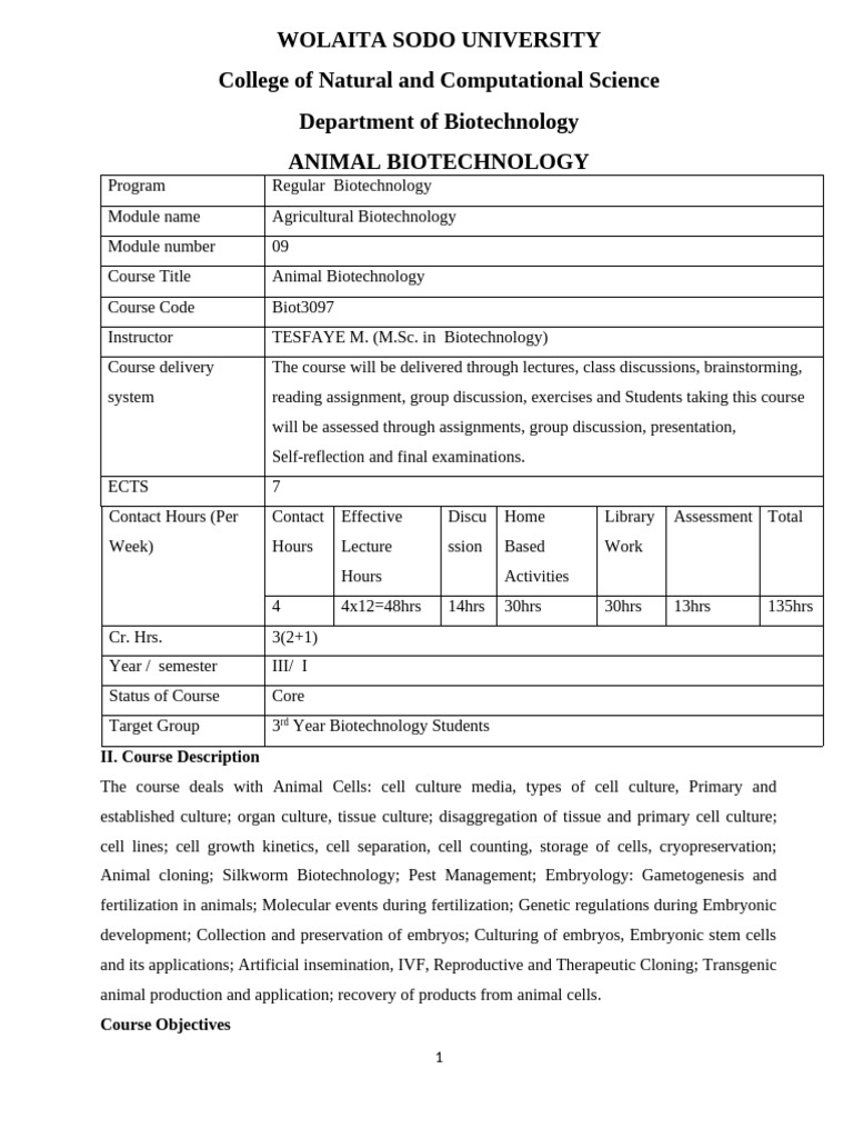 Animal Biotec Course Outline | PDF | Cell Culture | Monoclonal Antibody