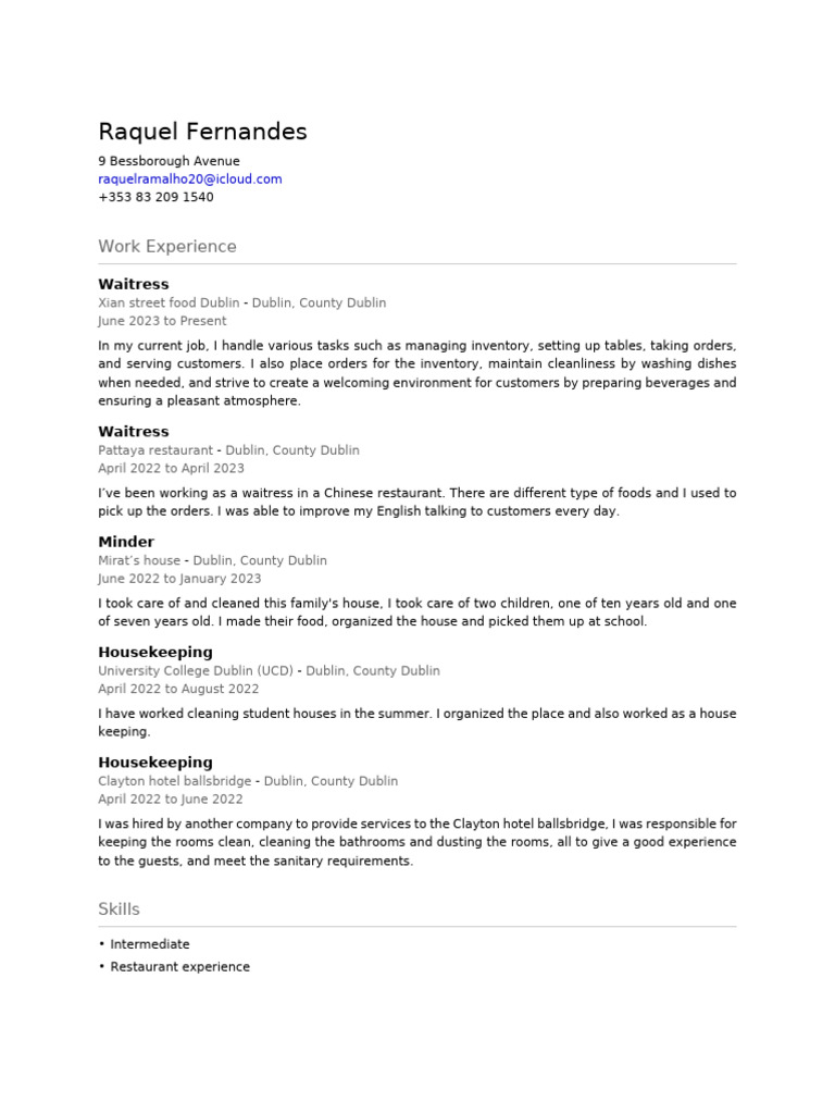 Raquel Fernandes: Dublin Waitress & Housekeeping Experience | PDF