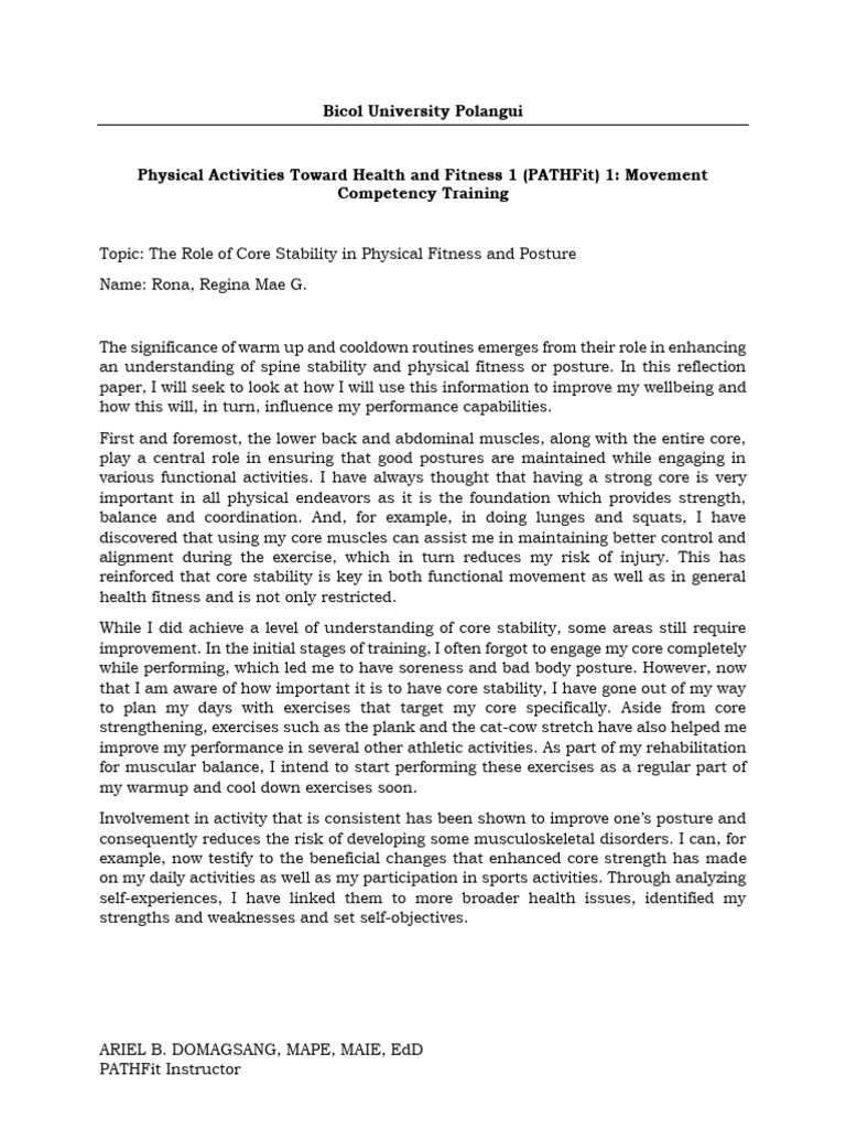 Rona Regina BSCPE 1A PATHFit1 Reflection 1 | PDF | Physical Fitness ...