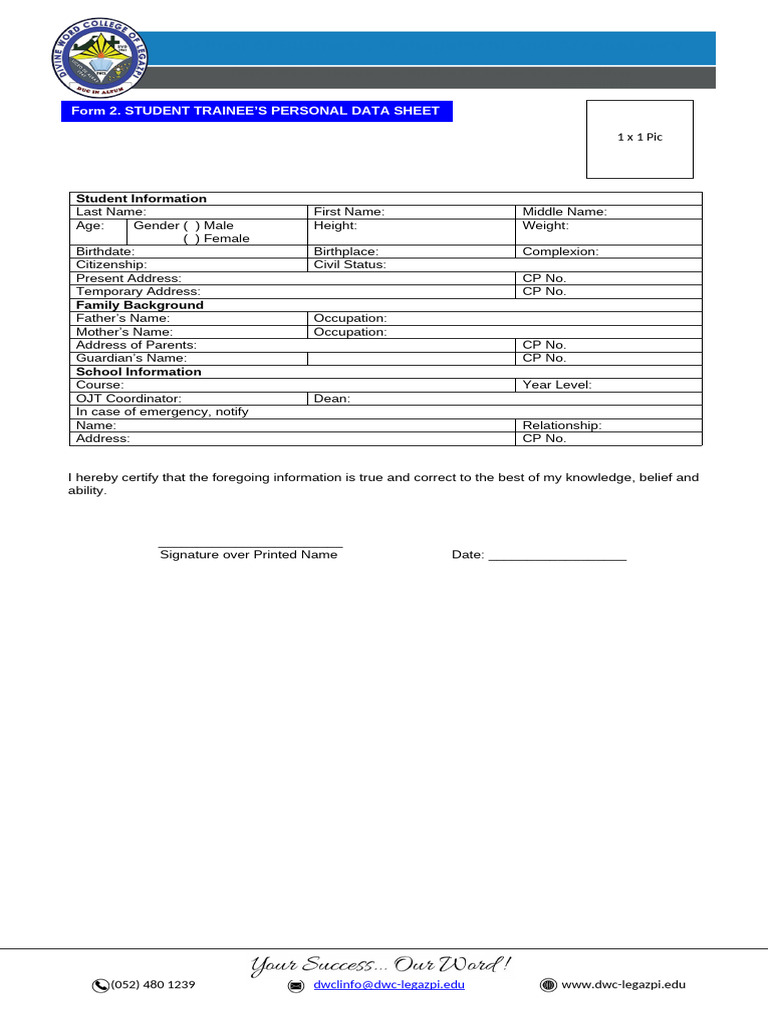 Student Trainee Personal Data Sheet | PDF