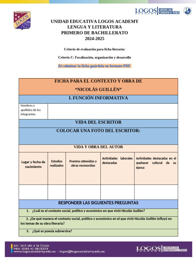 FICHA PARA BIOGRAFÍA Y CONTEXTO DE NICOLÁS GUILLÉN | PDF