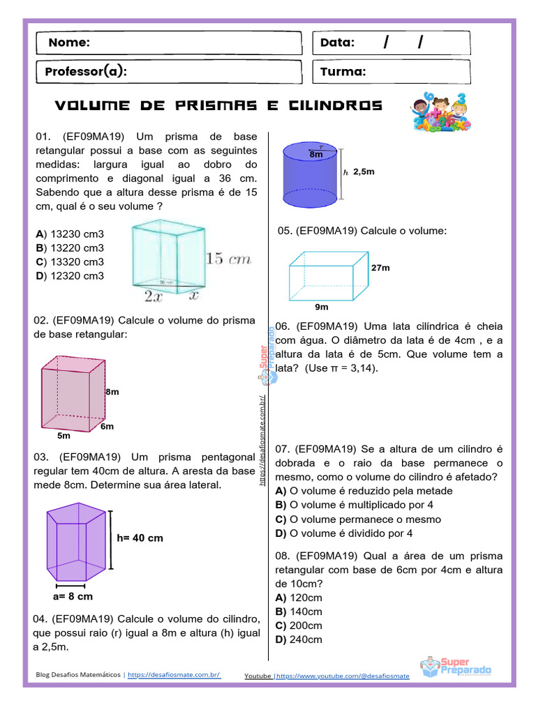 Atividade de Volume de Prismas e Cilindros para 9º Ano | PDF | Geometria Elementar | Objetos ...