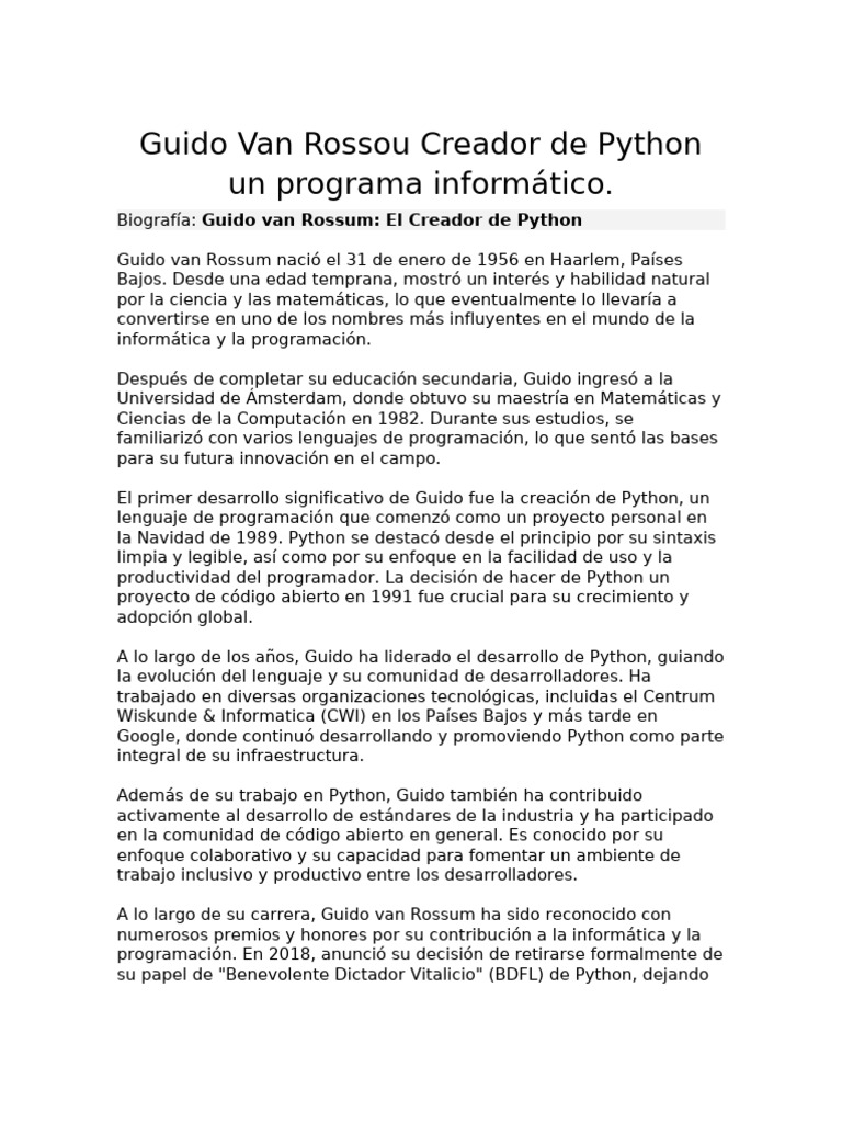Guido Van Rossou Creador de Python Un Programa Informático | PDF ...