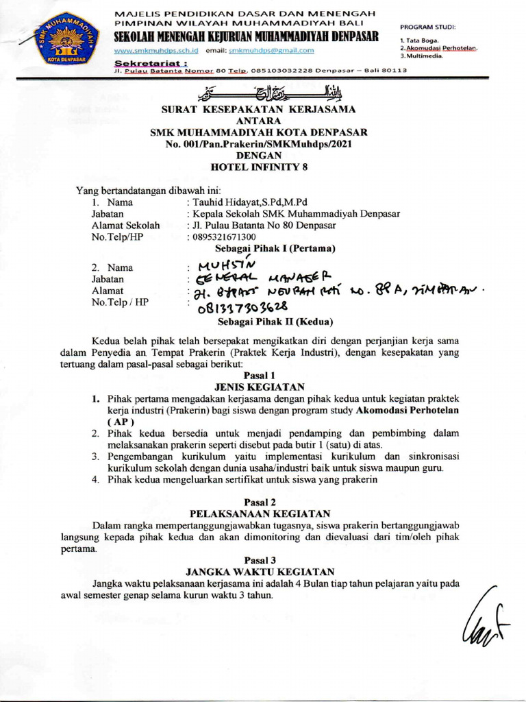 Dokumen MOU Dengan DUDI Hotel Infinity 8 Hal 1 | PDF