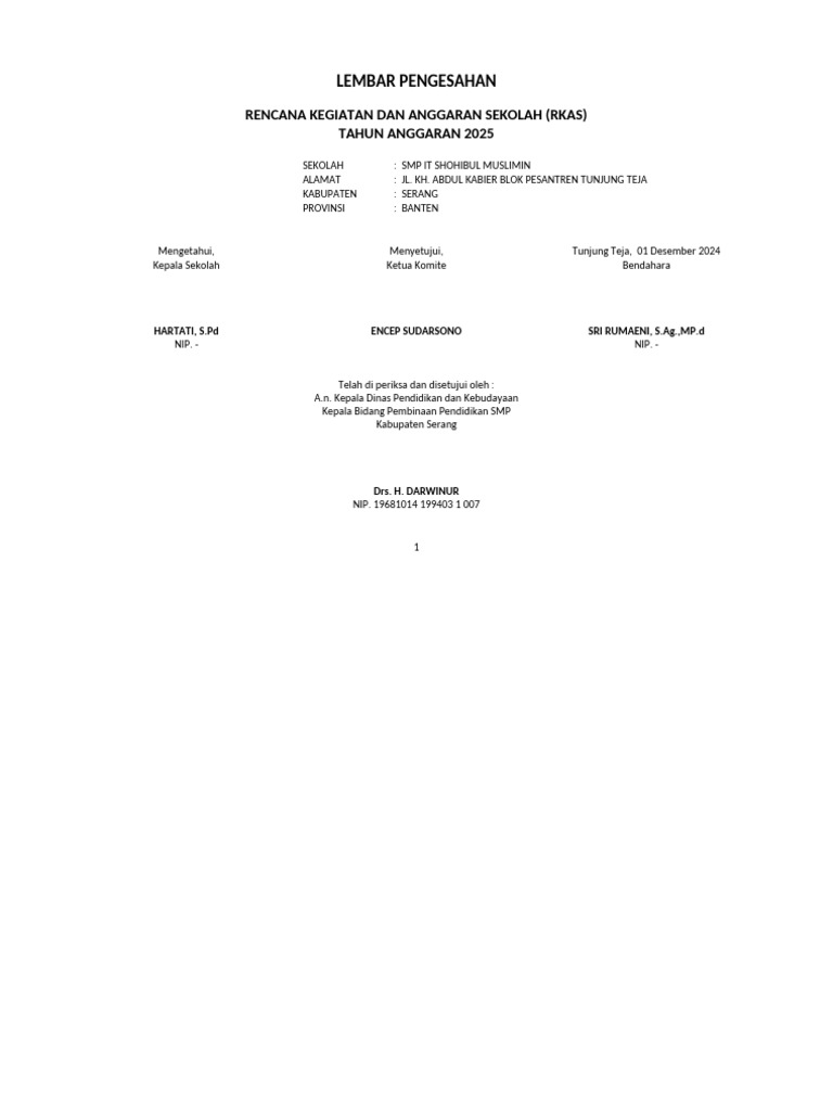 Lembar Pengesahan Rkas 2025 | PDF