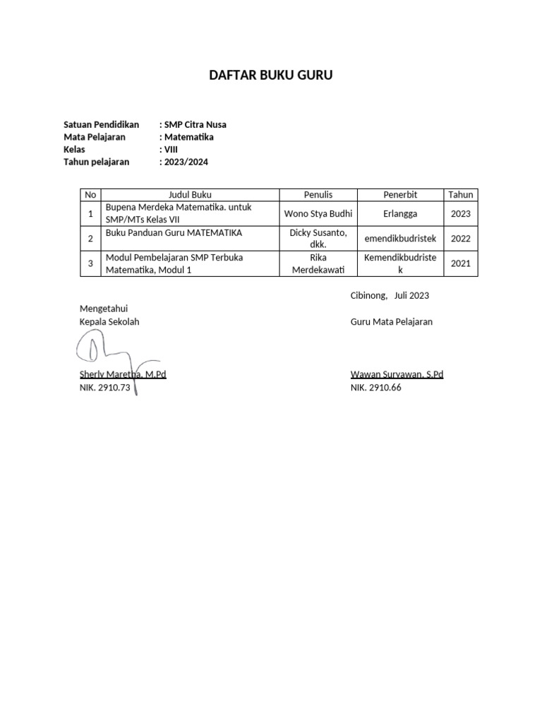DAFTAR BUKU GURU - Pak Wawan | PDF