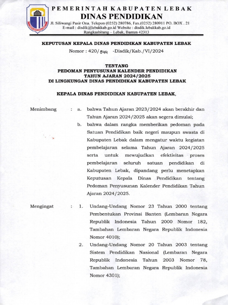KALPENDIK DINAS PENDIDIKAN KABUPATEN LEBAK TAHUN AJARAN 2024_2025 (1) | PDF