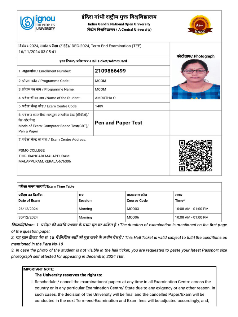Ignou Dec-2024 - Hall Ticket - Admit Card | PDF