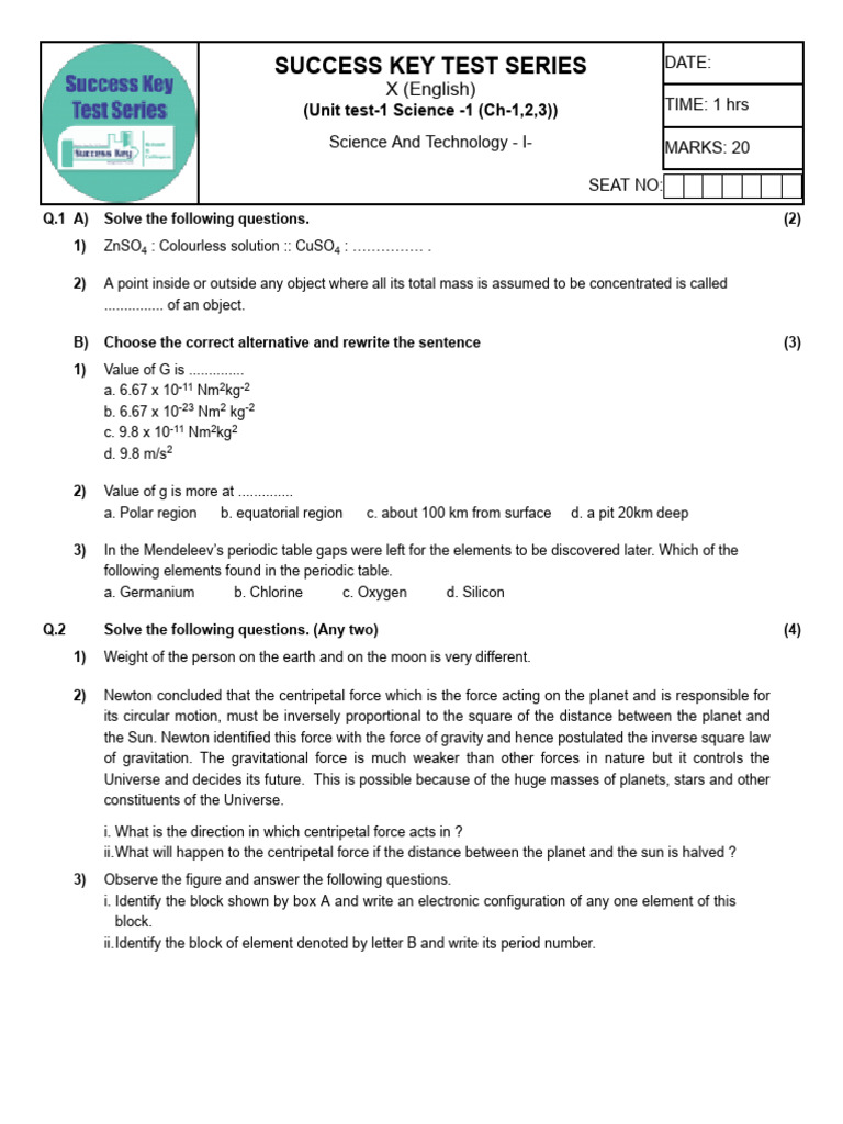 Class 10 Science Unit Test 1 Paper | PDF | Physical Sciences | Atoms
