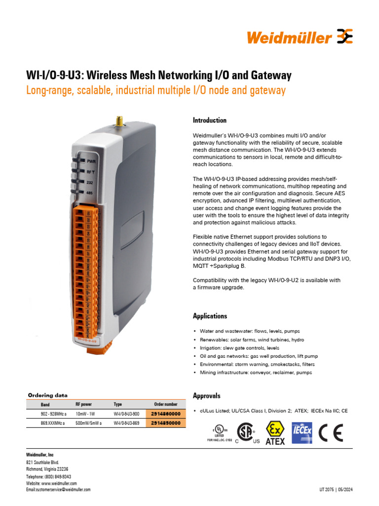 WI-IO-9-U3-900 Wireless Gateway Datasheet LIT2075-6-24 | PDF