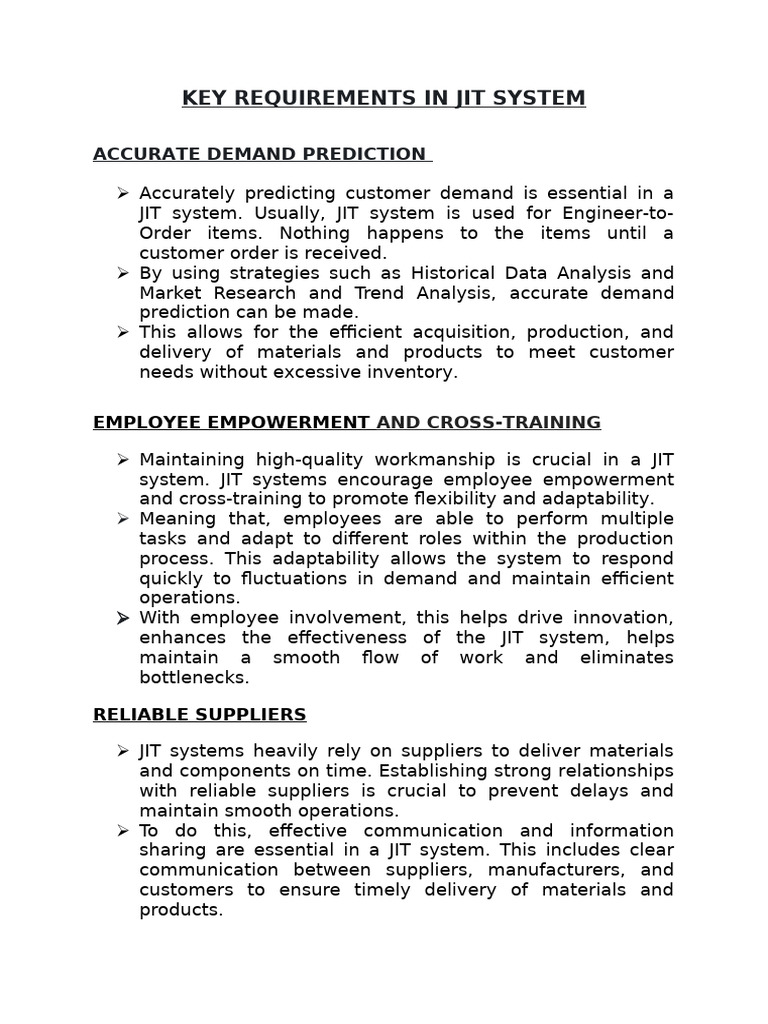 KEY REQUIREMENTS IN JIT SYSTEM | PDF