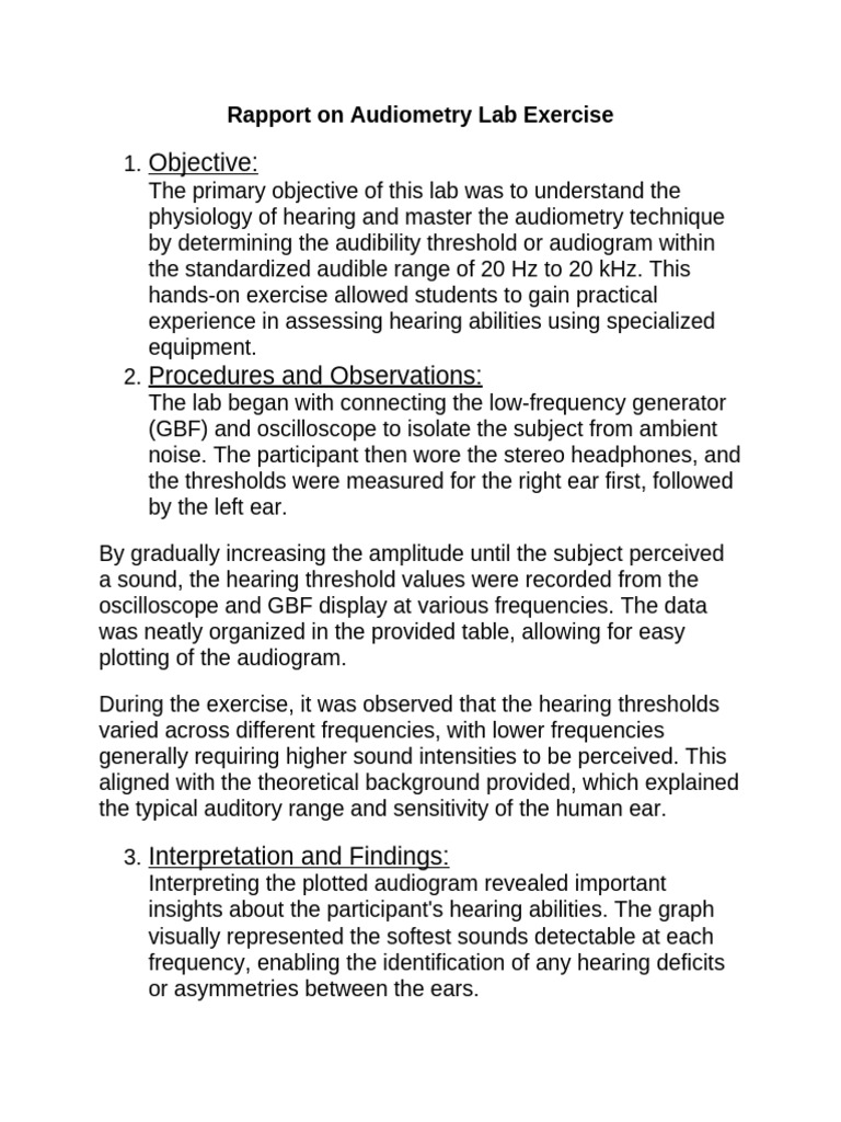 Rapport On Audiometry Lab Exercise | PDF | Hearing | Audiology