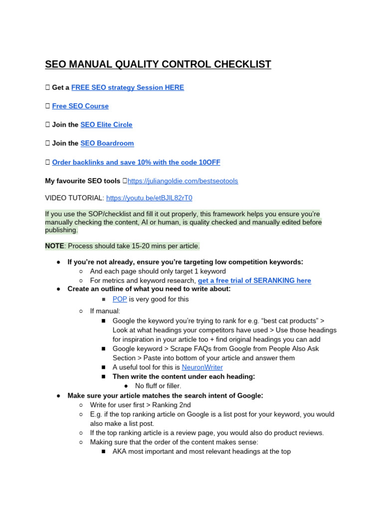 SOP - SEO Content Quality Control Checklist | PDF | Search Engine Optimization | You Tube