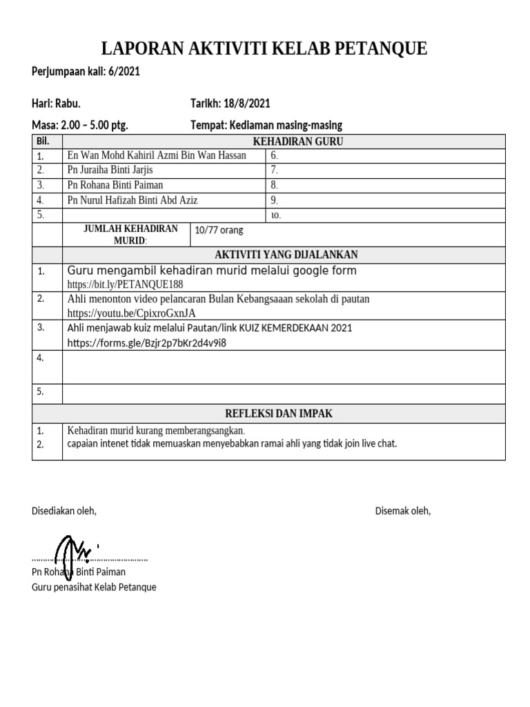 Laporan Aktiviti Petanque 6-2021 | PDF