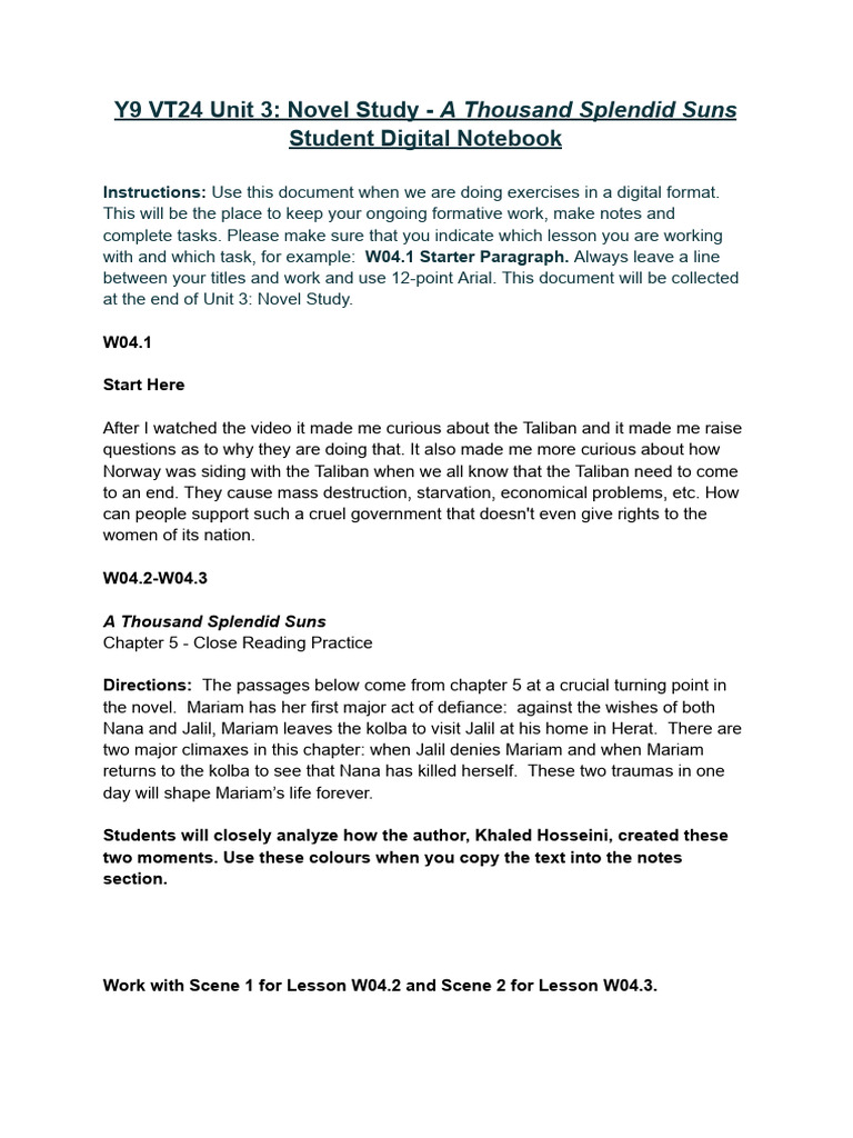 - 2024 Y9 Digital Notebook: Unit 3 Novel Study | PDF