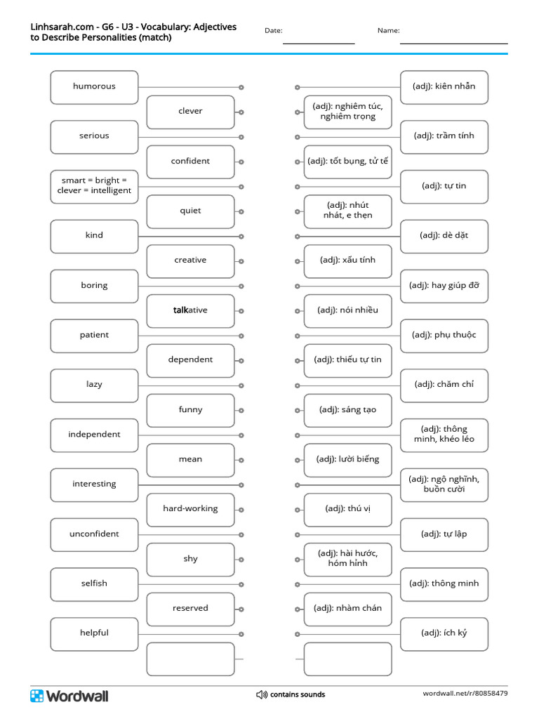 Linhsarahcom g6 U3 Vocabulary Adjectives To Describe Personalities Match Match Up Line Drawing | PDF