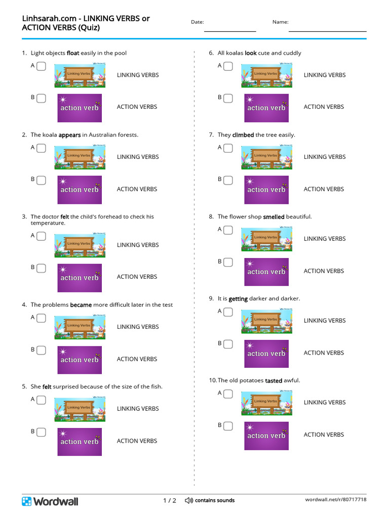 Linhsarahcom Linking Verbs or Action Verbs Quiz Quiz | PDF