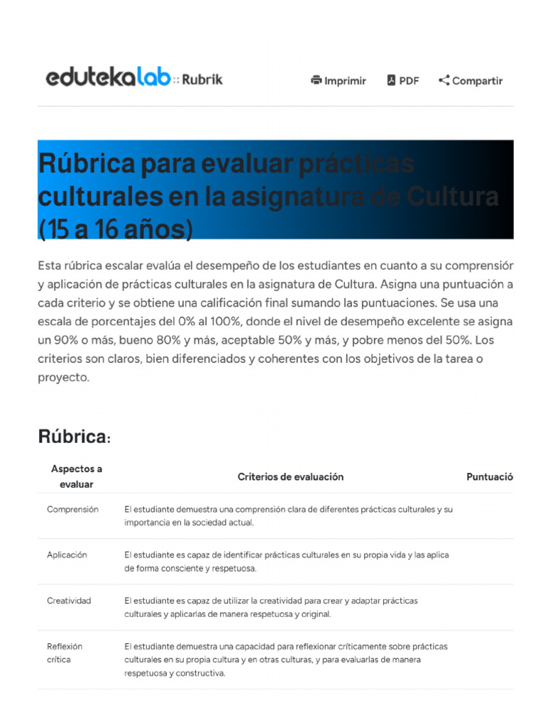 Rúbrica Para Evaluar Prácticas Culturales En La Asignatura De Cultura ...