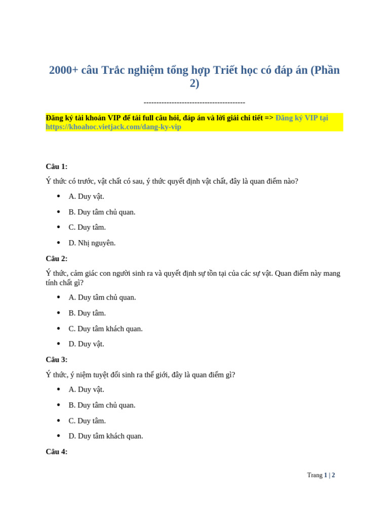 2000 Cau Trac Nghiem Tong Hop Triet Hoc Co Dap an Phan 2 2024-12-22 | PDF