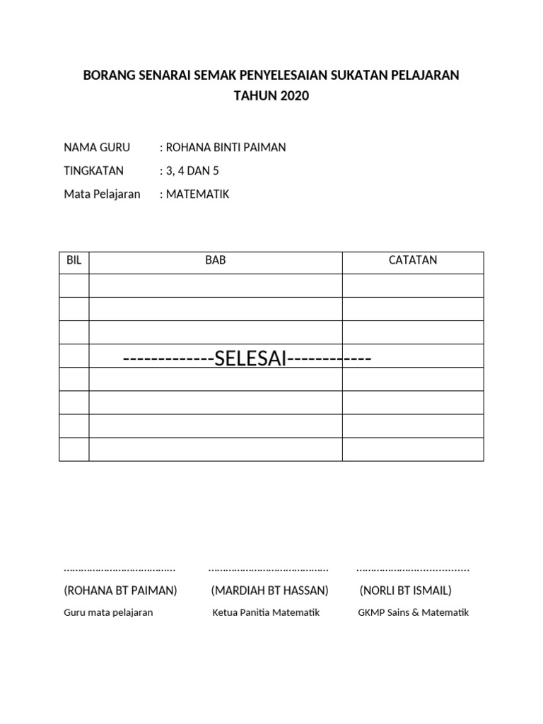 Borang Senarai Semak Penyelesaian Sukatan Pelajaran Tahun 2019 | PDF