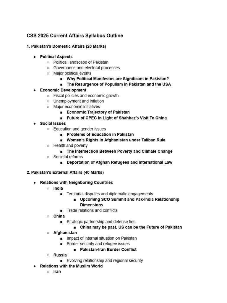 CSS 2025 Current Affairs Syllabus | PDF | Pakistan | United Nations